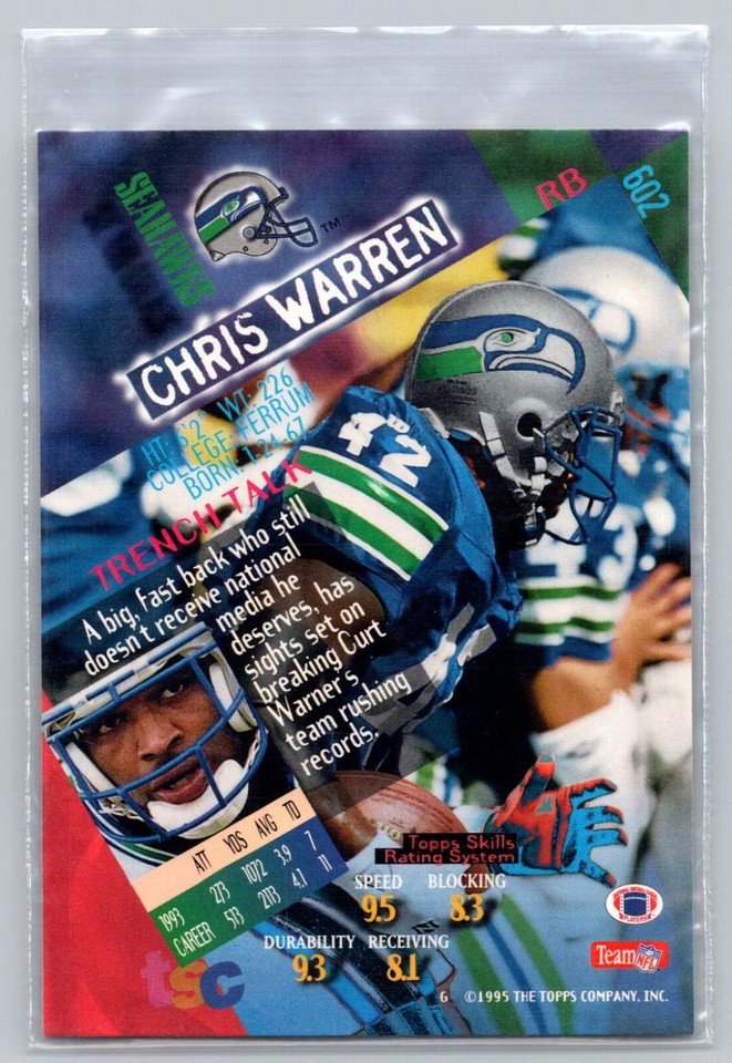 1995 TOPPS STADIUM CLUB CARD # 602 Chris Warren - Seattle Seahawks | eBay
