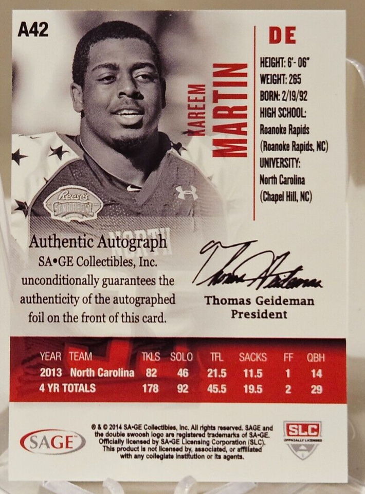 2014 Sage Hit KAREEM MARTIN #A42 Rookie Auto | eBay