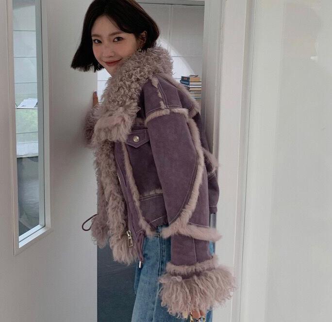 Rabbit Fur Coat Women's Short Biker Jacket Lamb Fur Collar Punk Leather ...