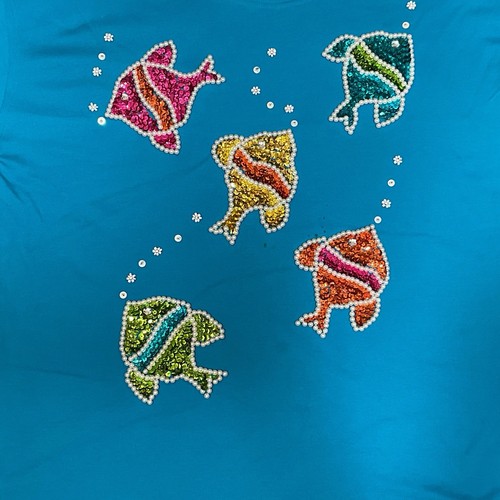 90s Victoria Harbour Sequin Fish Top Turquoise Blue Novelty Pullover ...