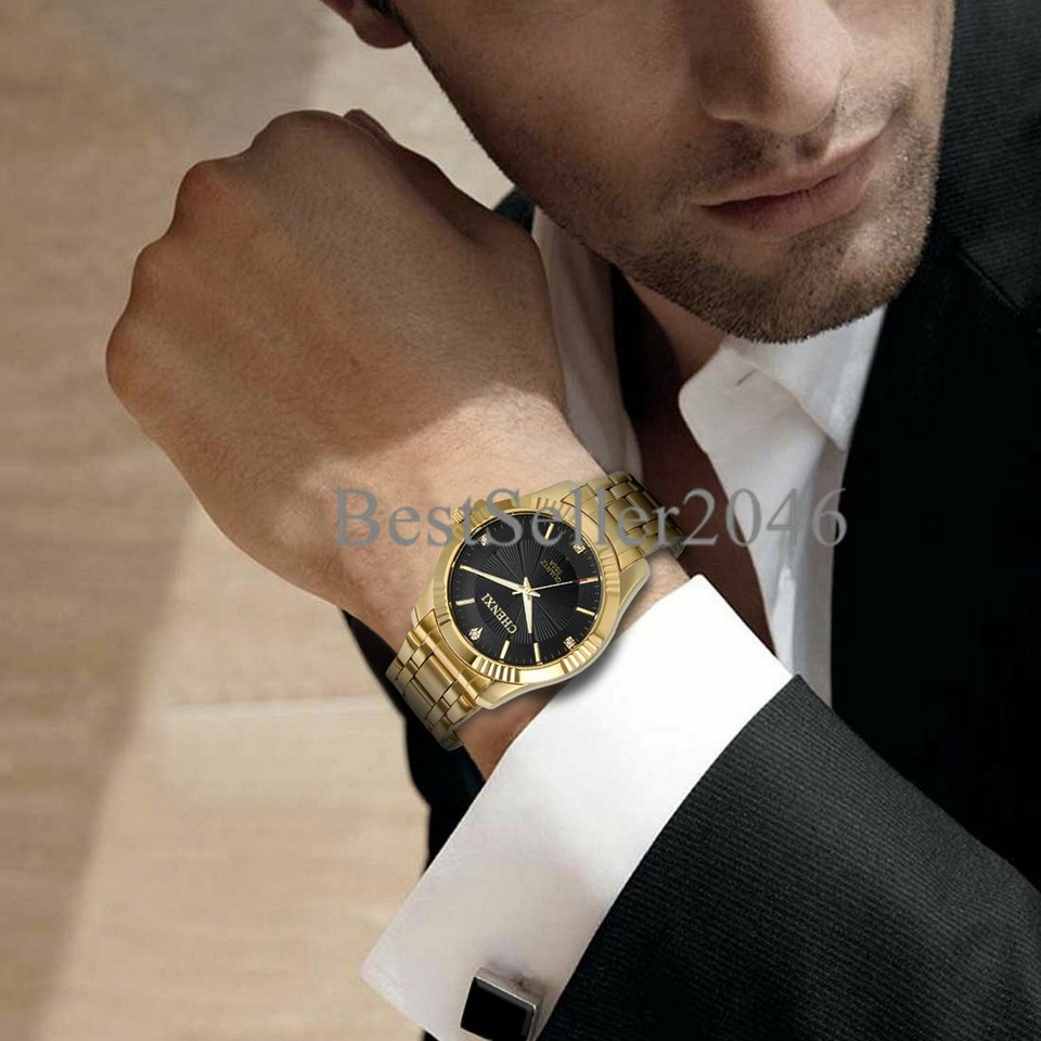 Luxury Men Stainless Steel Gold Tone Quartz Analog Waterproof Sports ...
