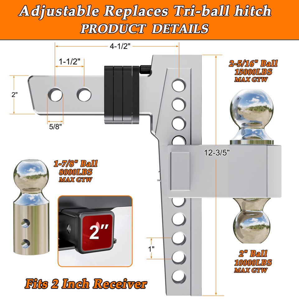 Trailer Hitch Fits 2" Receiver 10" Adjustable Drop Hitch,18500LBS Tri ...