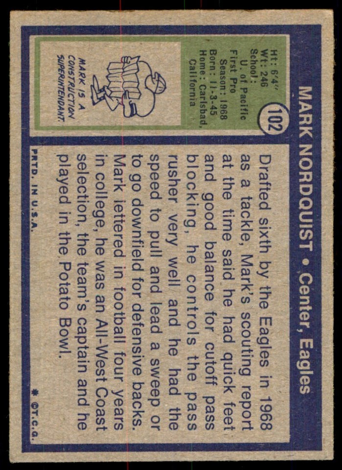 1972 TOPPS MARK NORDQUIST* PHILADELPHIA EAGLES #102 | eBay