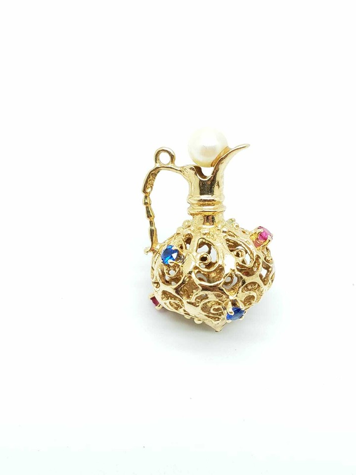 Vintage 14K Yellow Gold Filigree Multi-stone Water Pitcher Charm ...