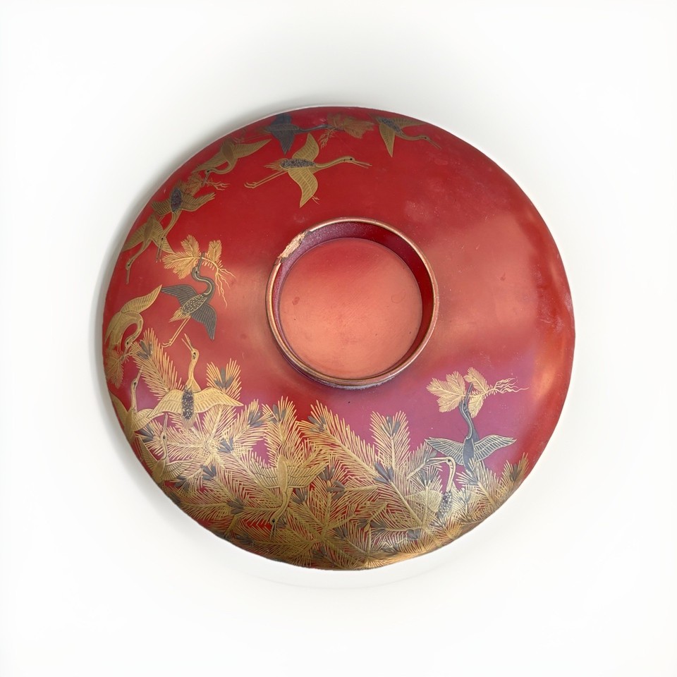 Antique Japanese Red Lacquer Plate Gold Cranes Pine Maki-e Meiji Style ...