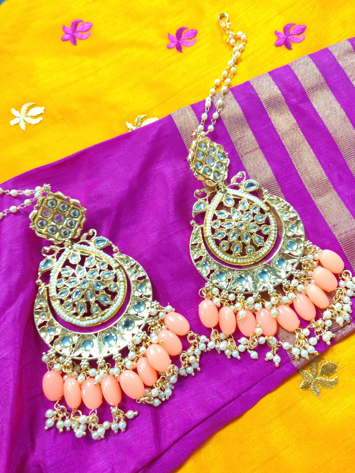Ethnic Indian Earrings/Bollywood Seher Earrings/Peach Pearl Imitation ...