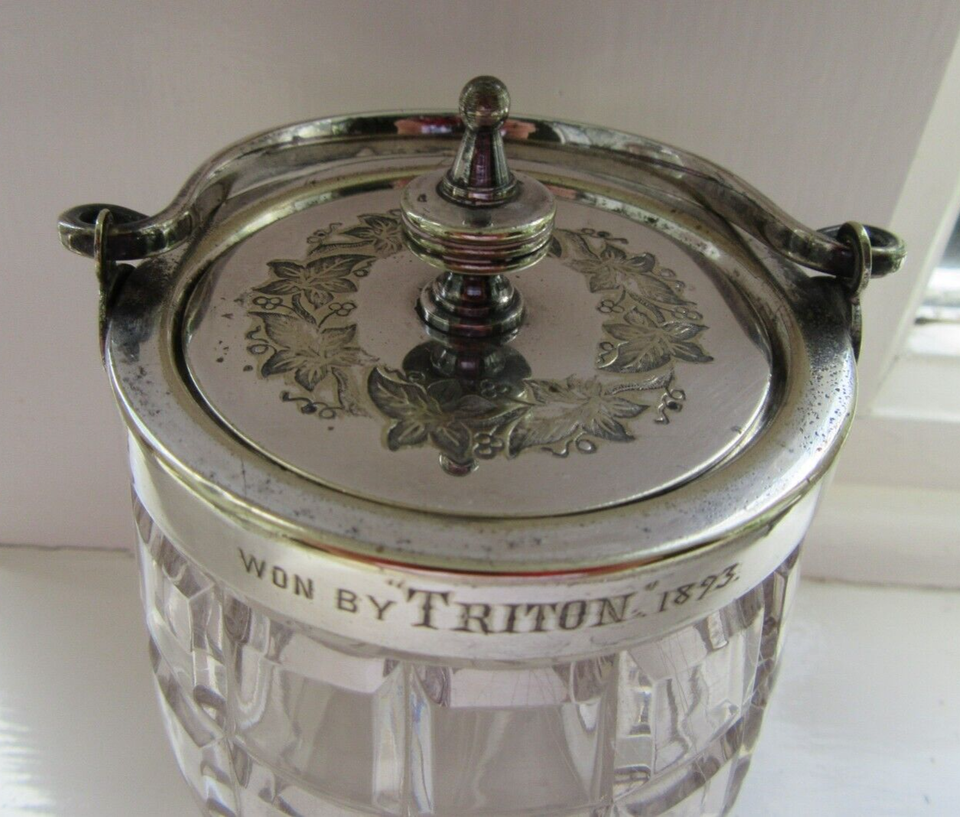 Victorian cut glass & Silver Plated top-Biscuit Barrel-Boat race trophy ...