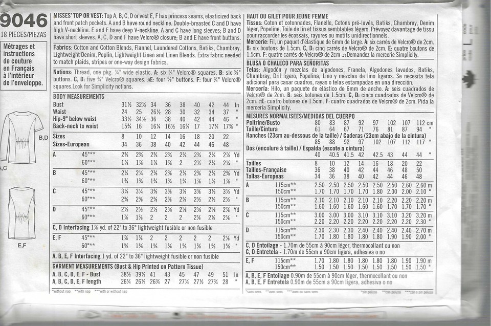 Uncut SIMPLICITY 9046 Vintage Sewing Pattern Misses' Top or Vest, 16,18 ...