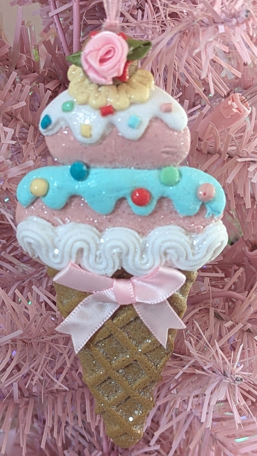 Shabby Chic Pink Roses Bow Gingerbread Cookie Ice Cream Cone Candyland ...