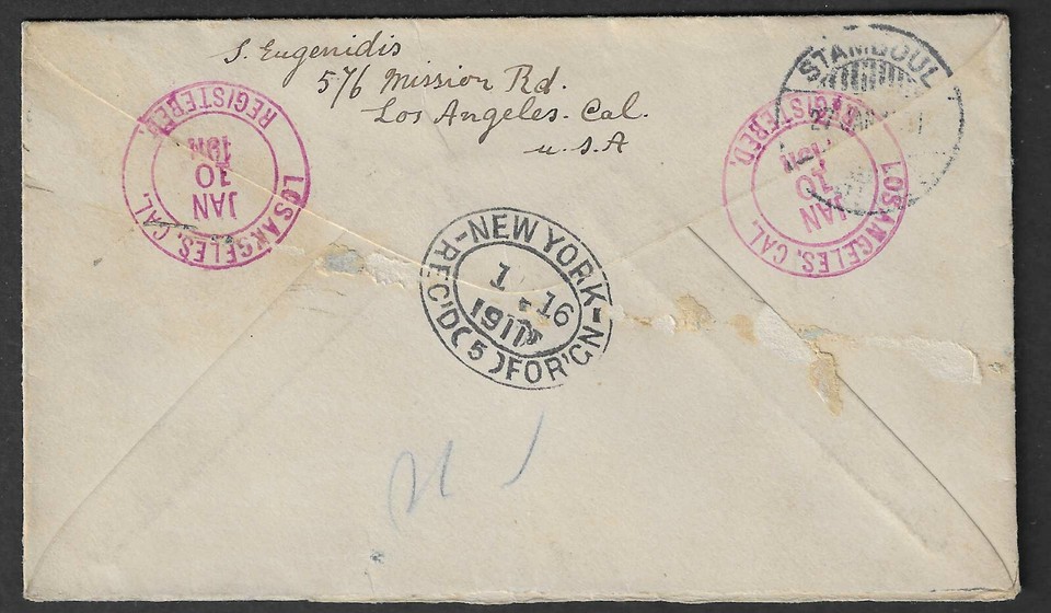 Los Angeles, Cal. 1911 cover w. NY REGISTRATION LABEL to TURKEY, 15c ...