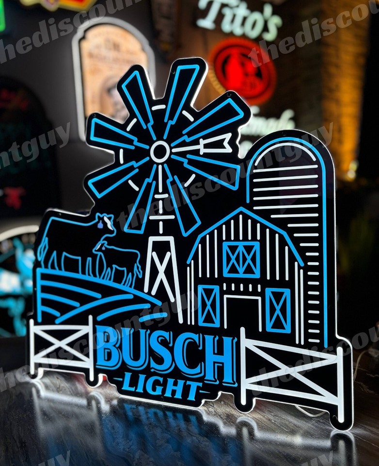 FARM BUSCH LIGHT BARN COW WINDMILL RANCH AGRICULTURE BLUE LED NEON BEER ...