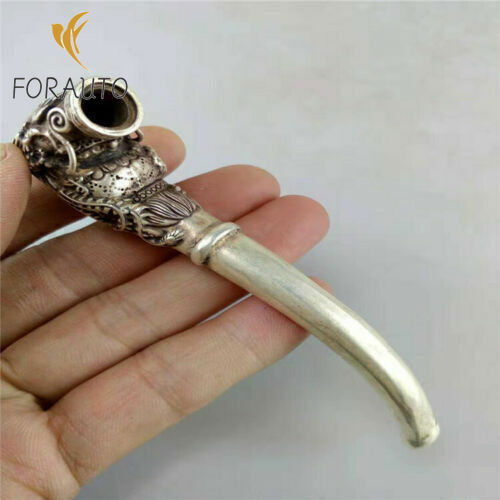 Chinese Old Tibet Silver Copper Smoking Tool Statue Sacred Dragon Head ...