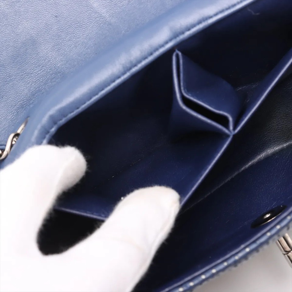 Chanel Matelasse Punching leather Single Flap Double Chain Bag Blue ...