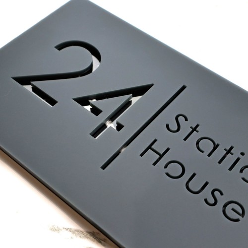 Modern Laser Cut House Sign Matt Gray Perspex & Marble Numbers 300mm x ...