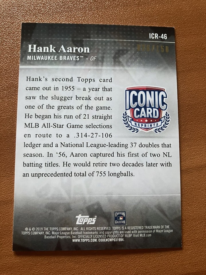 2019 Hank Aaron Topps 1955 Iconic card Reprint Icr-46 Milwaukee Braves ...