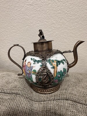 Vintage Chinese Tibet Silver Armor Porcelain Monkey Cover Pots Teapot ...