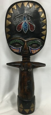 Akua'ba Statue Africa 16" African Tribal Carved Dark Wood Bead Metal ...