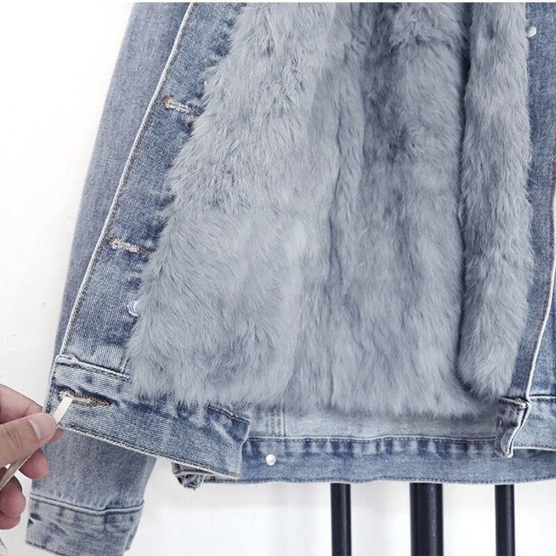 Lady Faux Fur Lined Denim Jacket Warm Coat Thick Fluffy Furry Collar ...