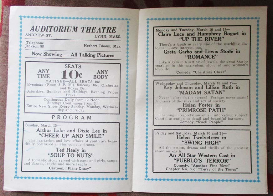 1930 MOVIE THEATRE PROGRAM GRETA GARBO "ROMANCE" HUMPHREY BOGART ...