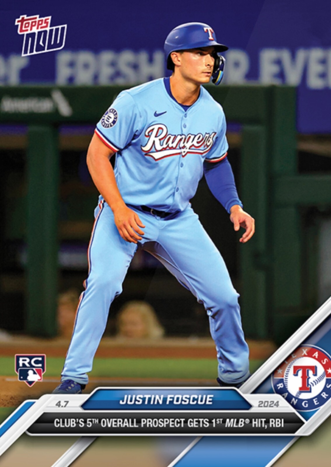 2024 TOPPS NOW MLB ROOKIE CARD TEXAS RANGERS JUSTIN FOSCUE #47 1st MLB ...