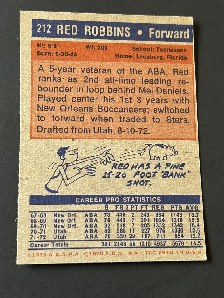 1972-73 Topps Basketball #212 Red Robbins EXEX+ ABA San Diego ...