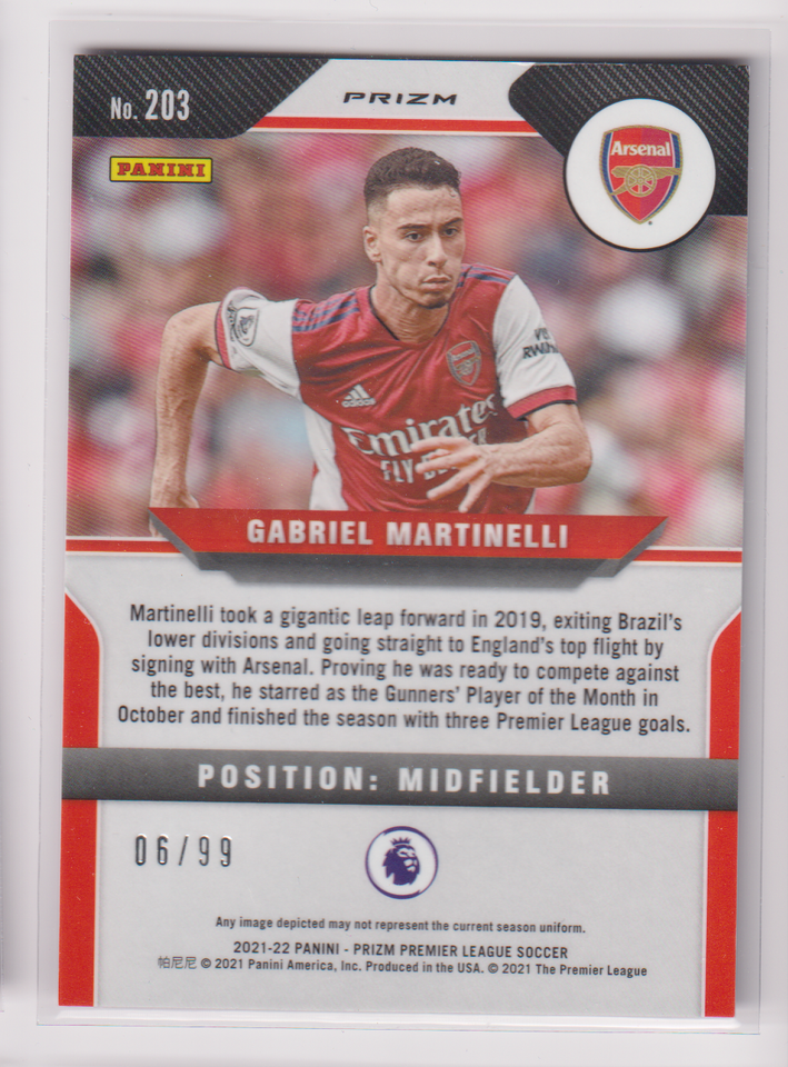 2021-22 Panini Prizm EPL GABRIEL MARTINELLI /99 Purple RC #203 Arsenal ...