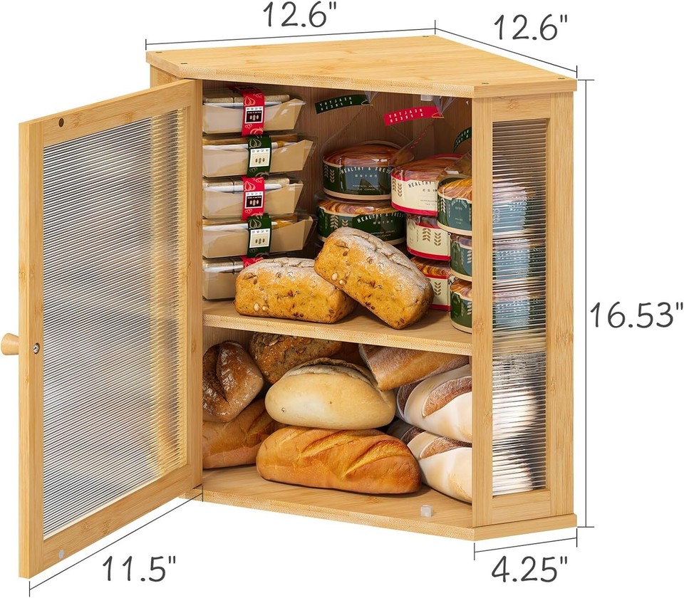 New-Corner Bread Box for Kitchen Counter, Bamboo Wood Large Capacity ...