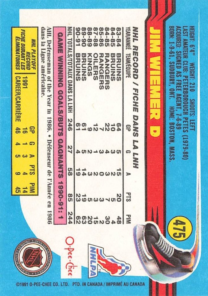 1991 O-Pee-Chee #475 Jim Wiemer Boston Bruins | eBay