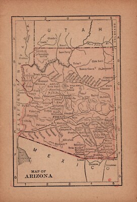 1888 Antique ARIZONA Map Tiny MINIATURE Vintage Map of Arizona State ...