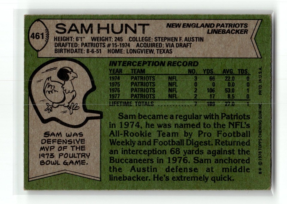1978 Topps Sam Hunt New England Patriots Football Card #461 | eBay