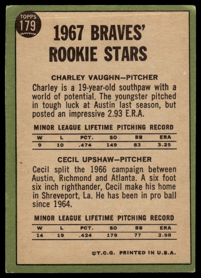 1967 Topps #179 Braves 1967 Rookie Stars (Charles Vaughan / Cecil ...