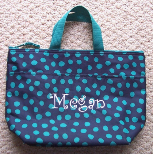 Thirty One Thermal Insulated Tote Lunch Bag Blue Polka Dot Embroidered ...