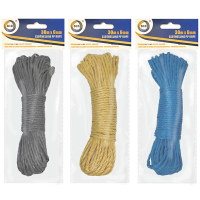 30m x 6mm - Strong Washing Line Heavy Duty PP Rope Outdoor Dryer ...