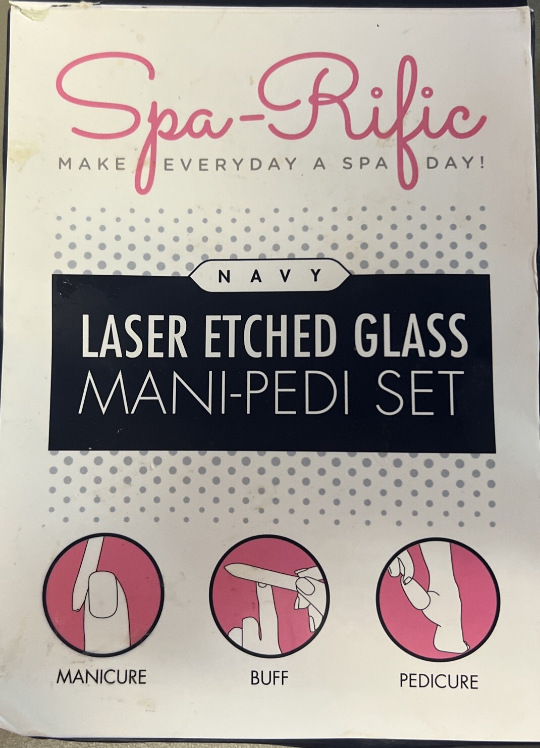 Spa-Rific NAVY Laser Etched Glass 2 Piece Mani- Pedi Set Open Box | eBay