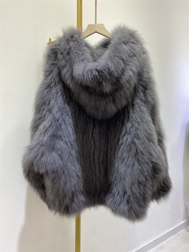 Womens 100% Real Fox Fur Weave Coat Bat Sleeve Hooded Jacket Warm ...