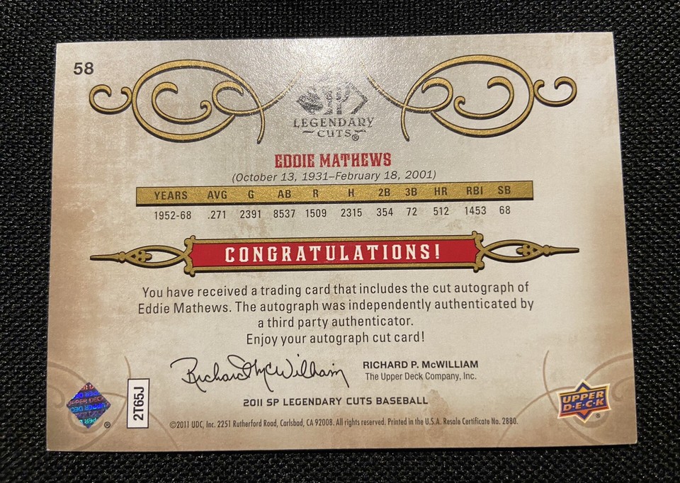 2011 SP Legendary Cuts EDDIE MATHEWS AUTO /35 Cut Signature Upper Deck ...