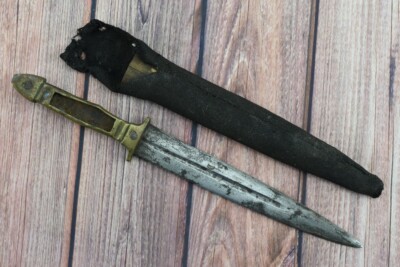 19C. ANTIQUE MACEDONIAN VMRO DAGGER w SCABBARD marked blade BRONZE HORN ...