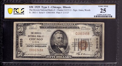 1929 $50 DROVERS NATIONAL BANK NOTE CURRENCY CHICAGO ILLINOIS PCGS B VF ...