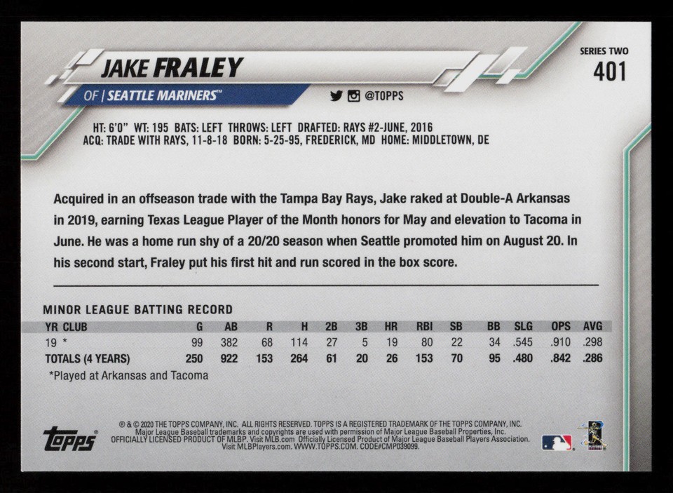 2020 Topps Jake Fraley #401 Seattle Mariners Baseball Card | eBay