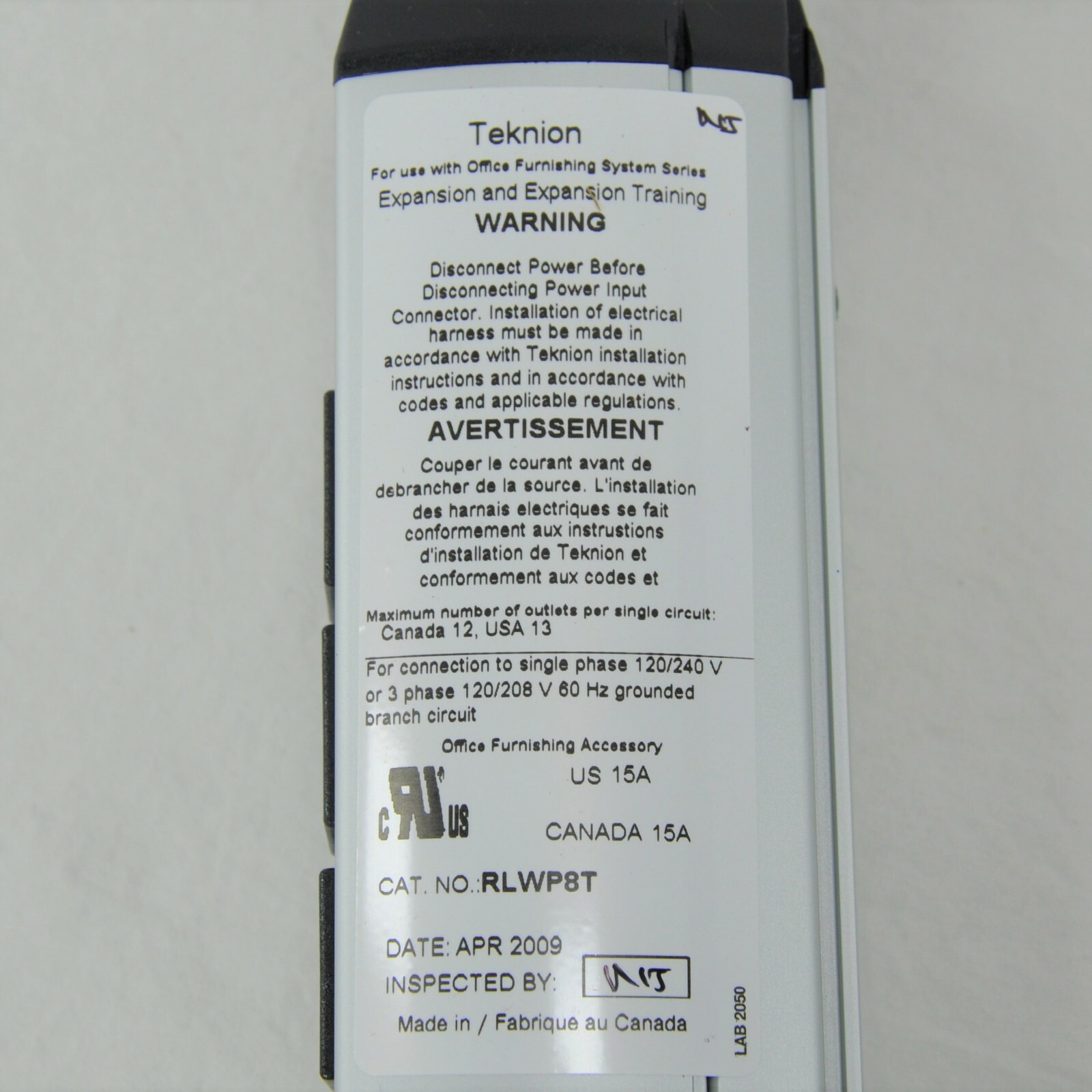 Teknion Modular Office Furniture Electrical Power Bar RLWP8T 15a 120 ...