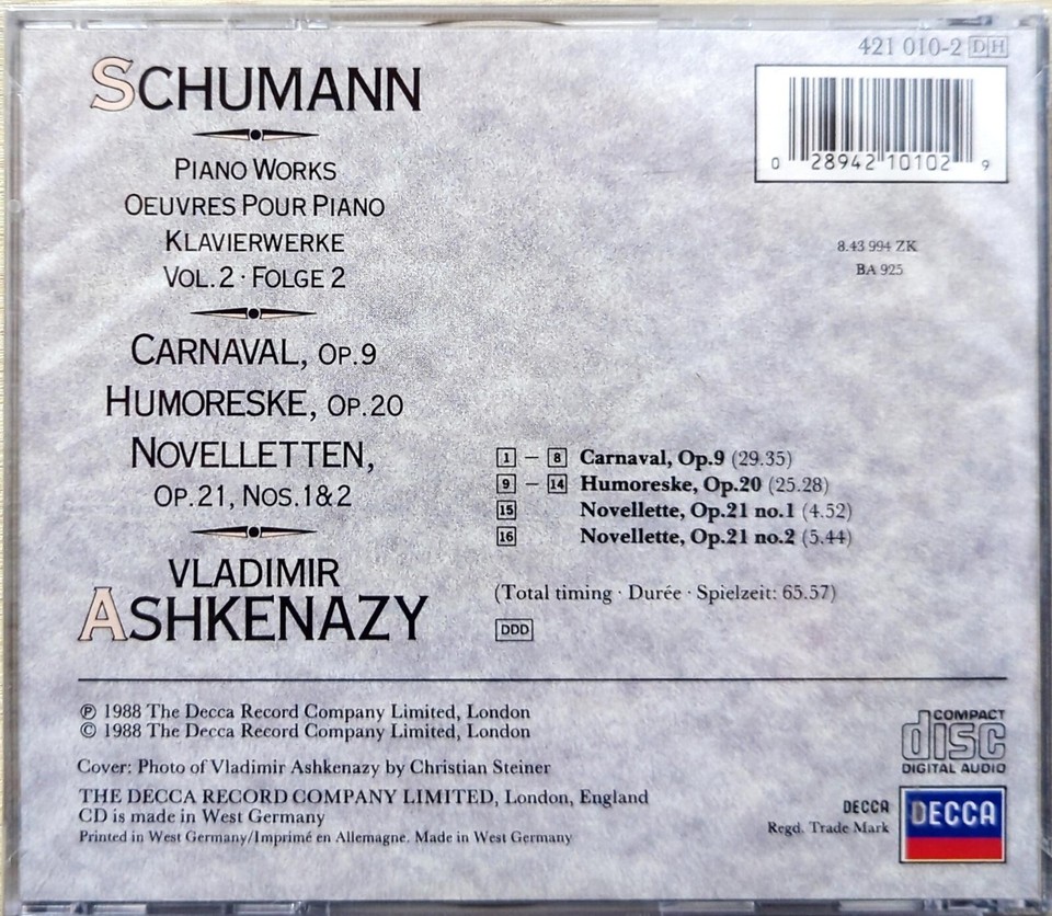 Schumann, Vladimir Ashkenazy – Carnaval - Humoreske (1988, CD ...