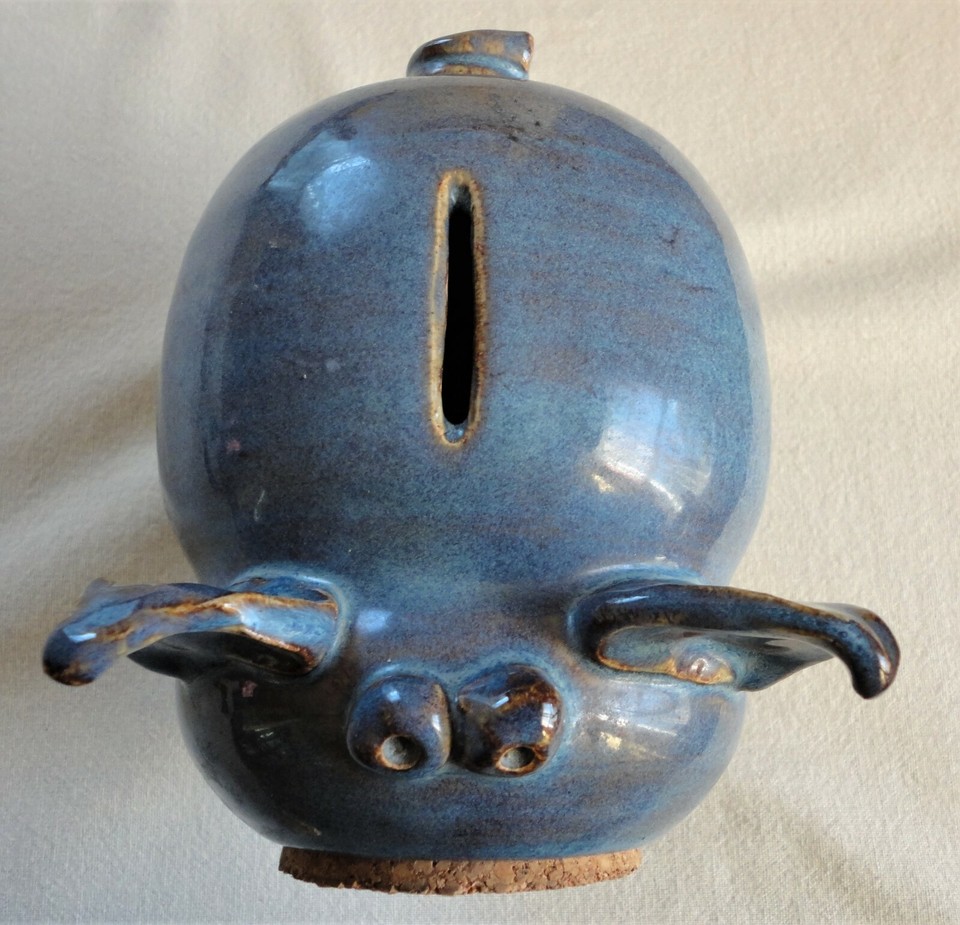 Mint Signed Folk Art CP Pottery Stoneware Blue Pig Cork Snout Coin Bank ...
