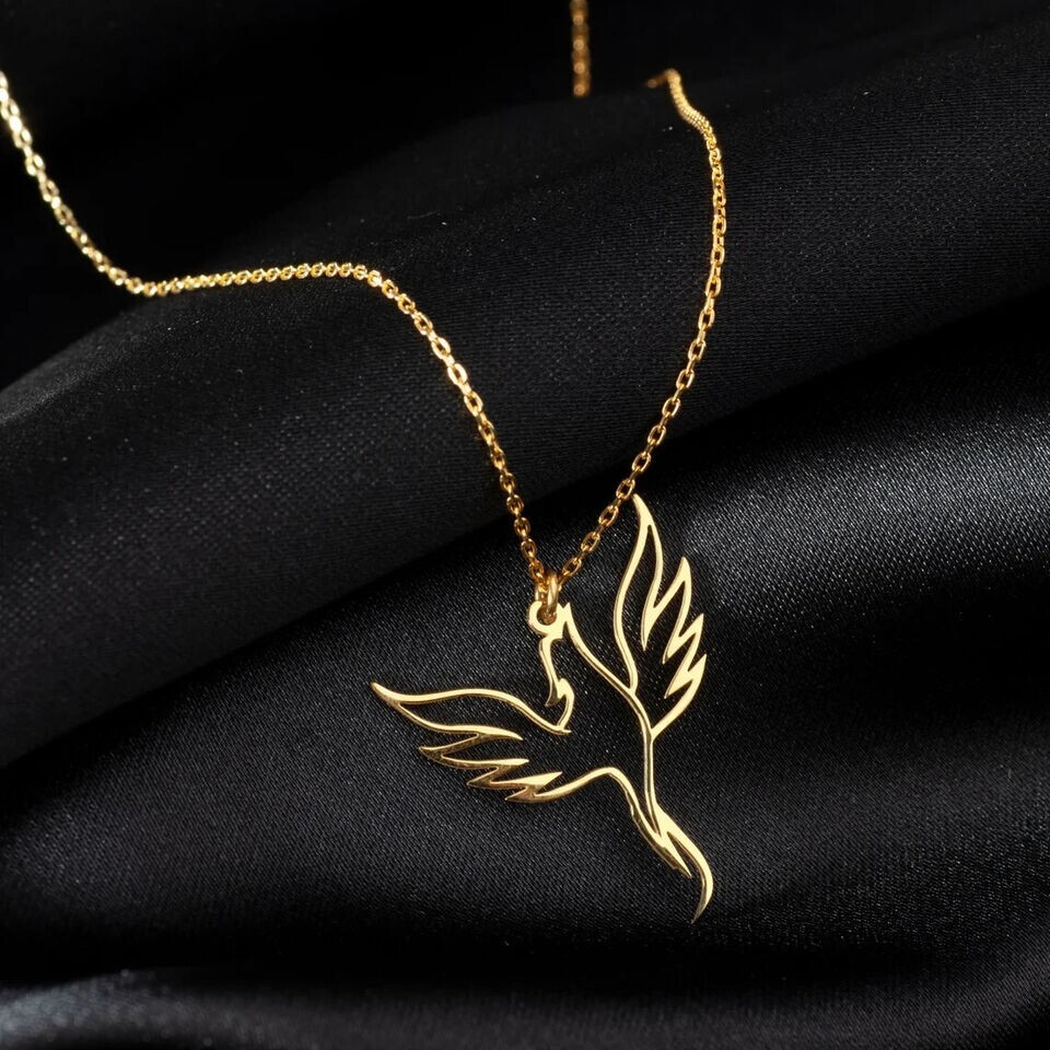 Delicate Phoenix Bird Pendant+Chain 18'' Yellow Real Sterling Silver ...
