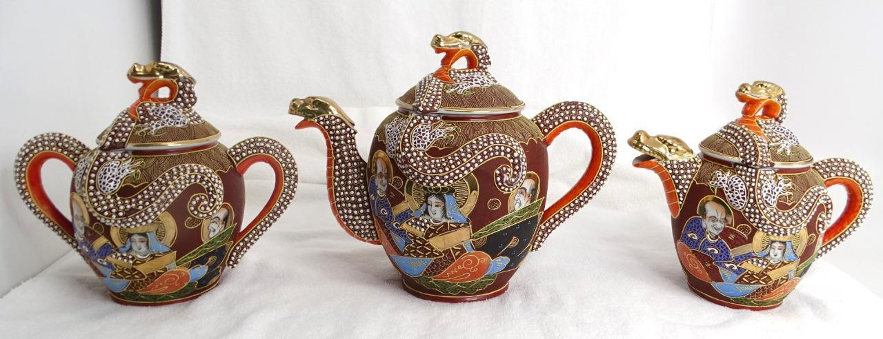 Japanese Satsuma Dragonware Geisha Moriage Lithopane Tea Set, Nippon ...