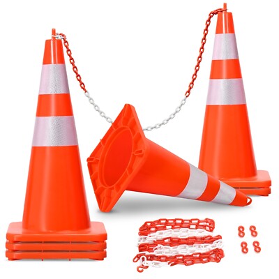 6pcs 28'' PVC Traffic Safety Cones Fluorescent Reflective w/ Chain ...