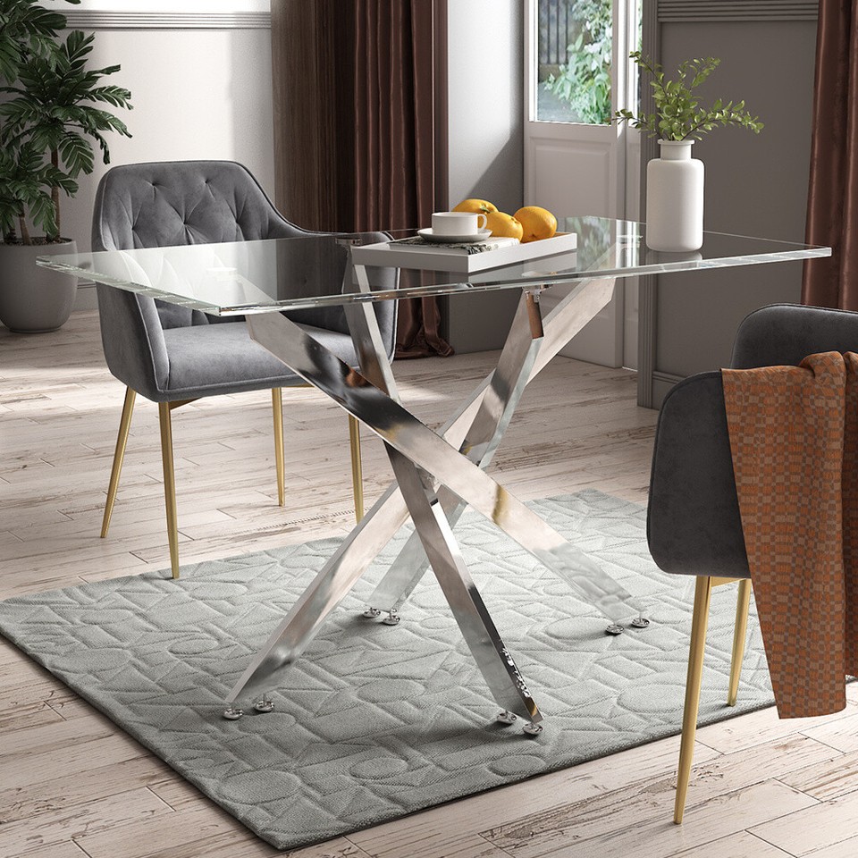 Rectangular Dining Room Table Modern Glass Dining Table With Silver ...