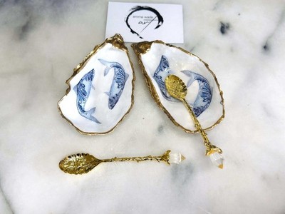 Paisley Fish Oyster Shell Salt & Pepper Pinch Pots - Gold Spoons Option ...