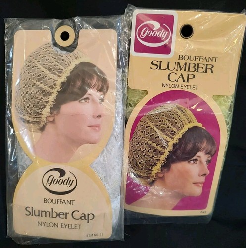 Vintage 70's Goody Bouffant Slumber Caps Set of 2 Yellow & White Lace ...
