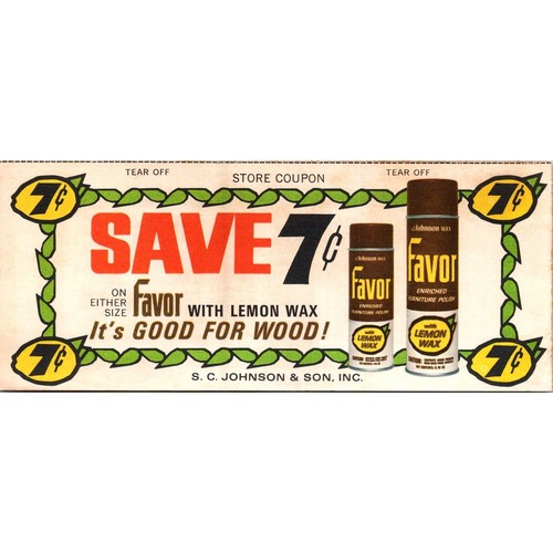 Favor with Lemon Wax S.C. Johnson & Son Inc 1960s Original Retro Coupon ...