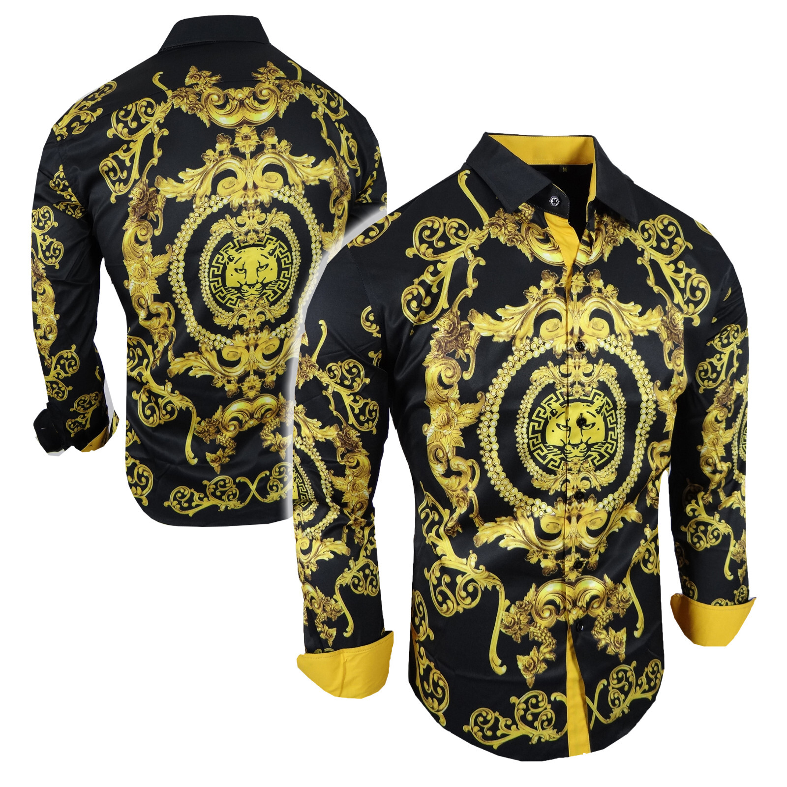 Mens Shirt Designer Panther Italian Gold Leaf Florals Stretch Slim Fit ...